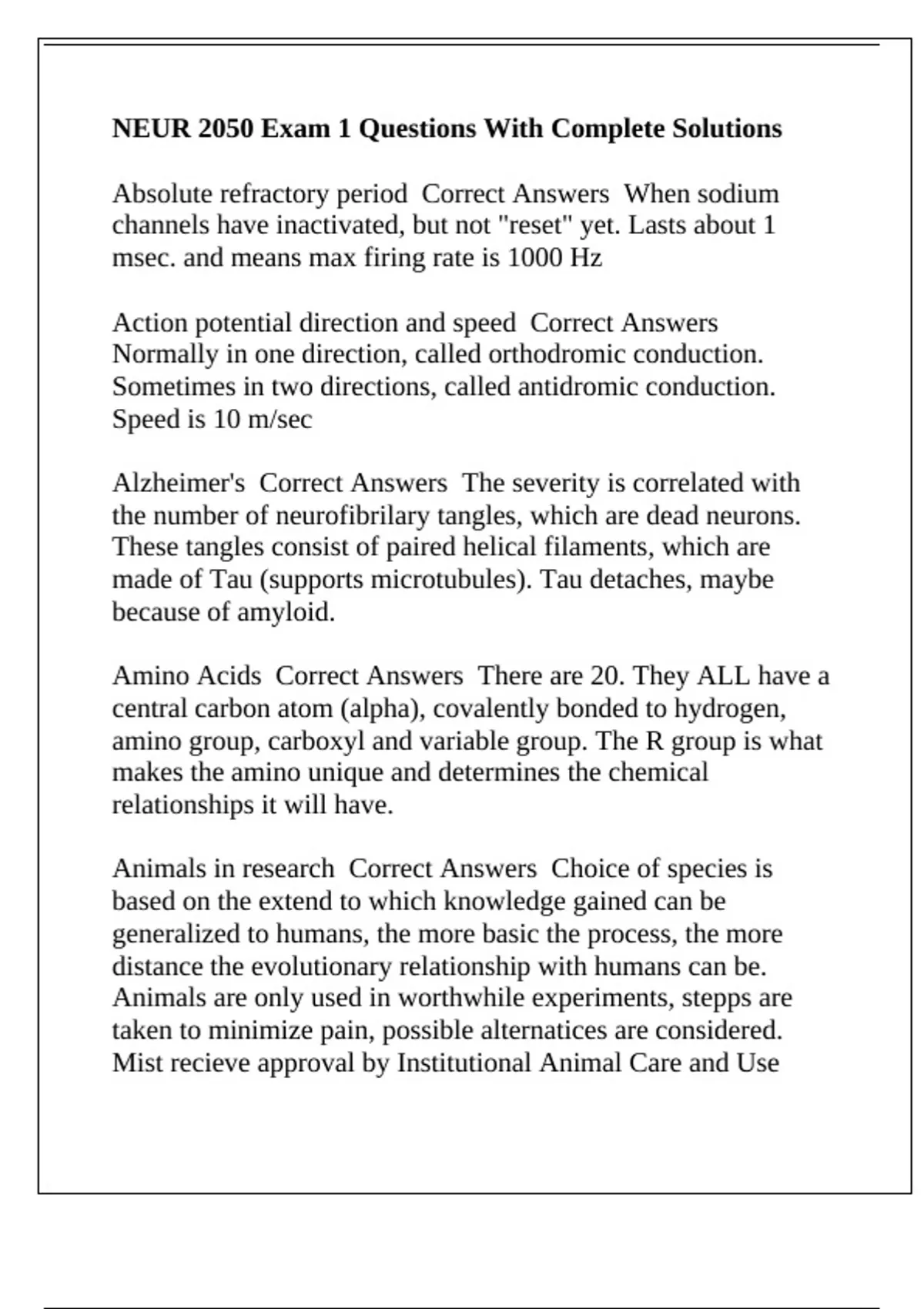 NEUR 2050 Exam 1 Questions With Complete Solutions - NEUR 2050 - Stuvia US