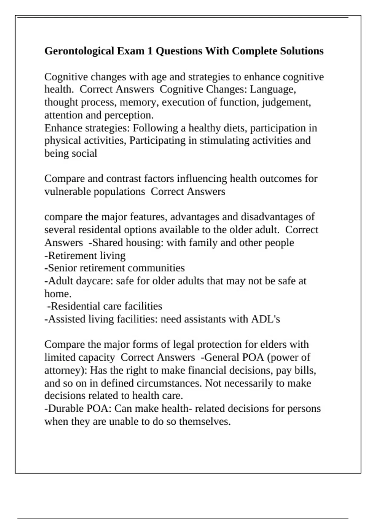 Gerontological Exam 1 Questions With Complete Solutions ...