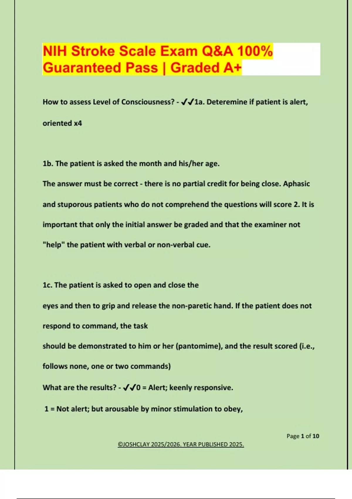 NIH Stroke Scale Exam Q&A 100% Guaranteed Pass | Graded A+ - NIH stroke ...