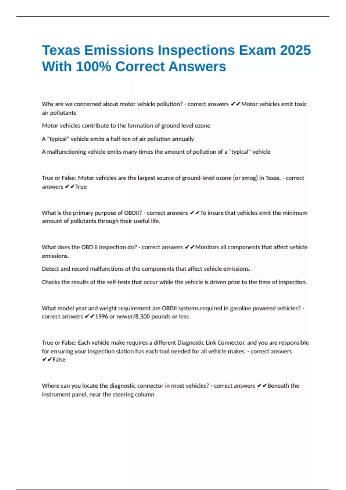 Texas Emissions Inspections Exam 2025 With 100% Correct Answers - Texas ...