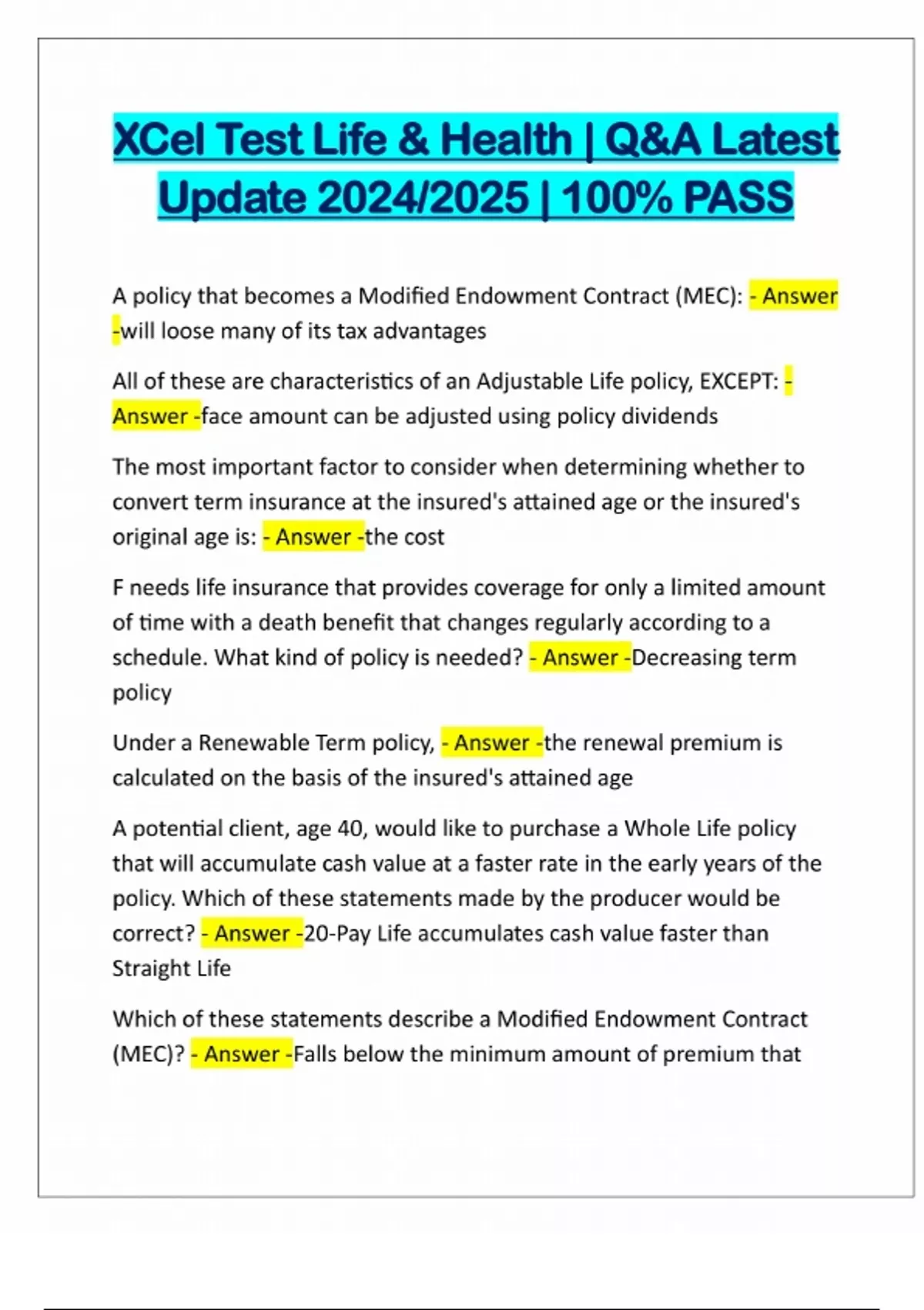 XCel Test Life & Health | Q&A Latest Update 2024/2025 | 100% PASS ...