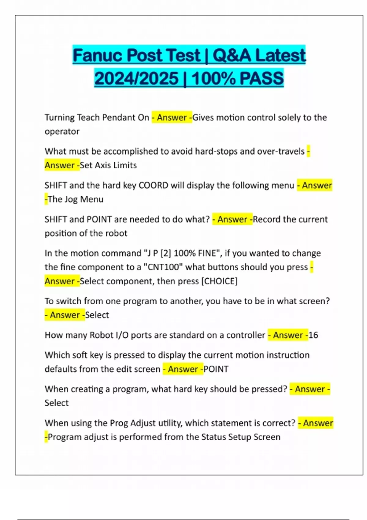 Fanuc Post Test | Q&A Latest 2024/2025 | 100% PASS - Fanuc - Stuvia US