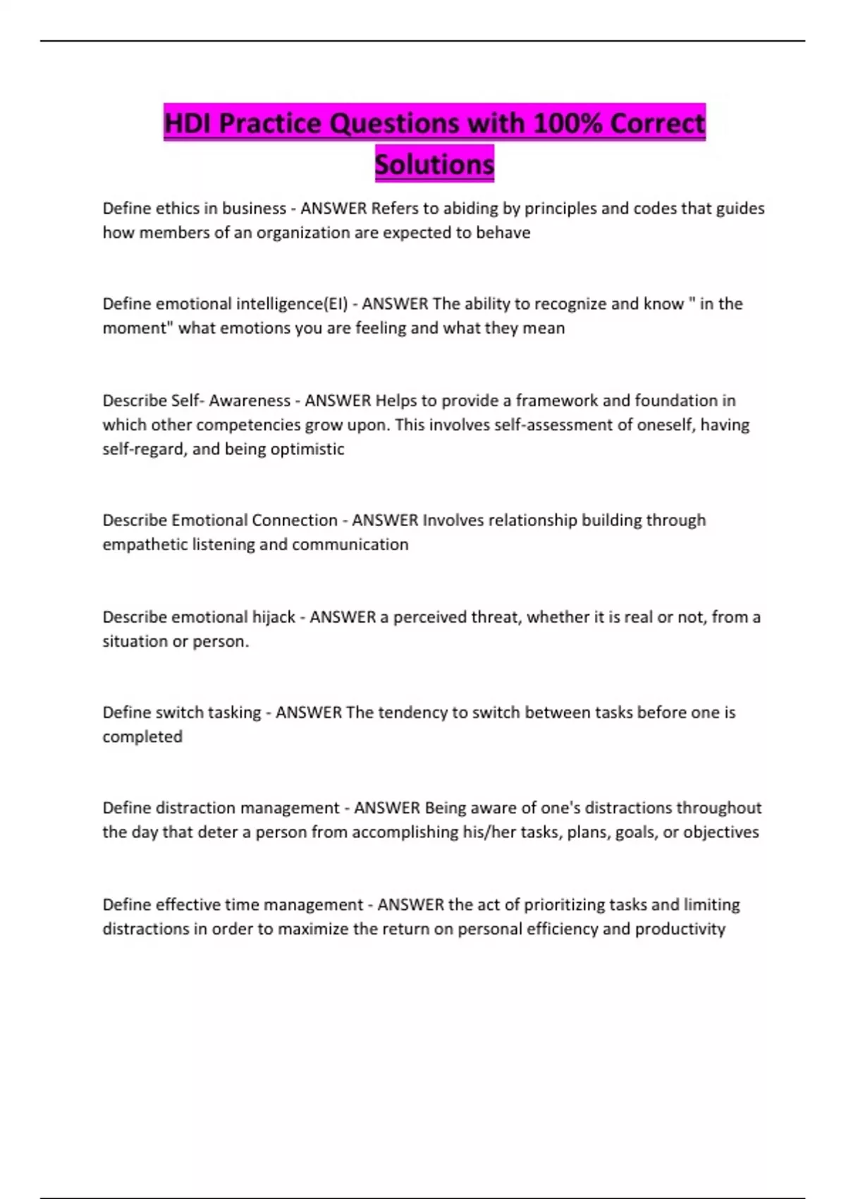 HDI Practice Questions with 100% Correct Solutions - HDI - Stuvia US