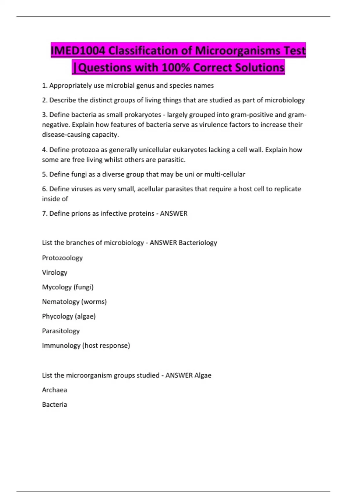 IMED1004 Classification of Microorganisms Test |Questions with 100% ...