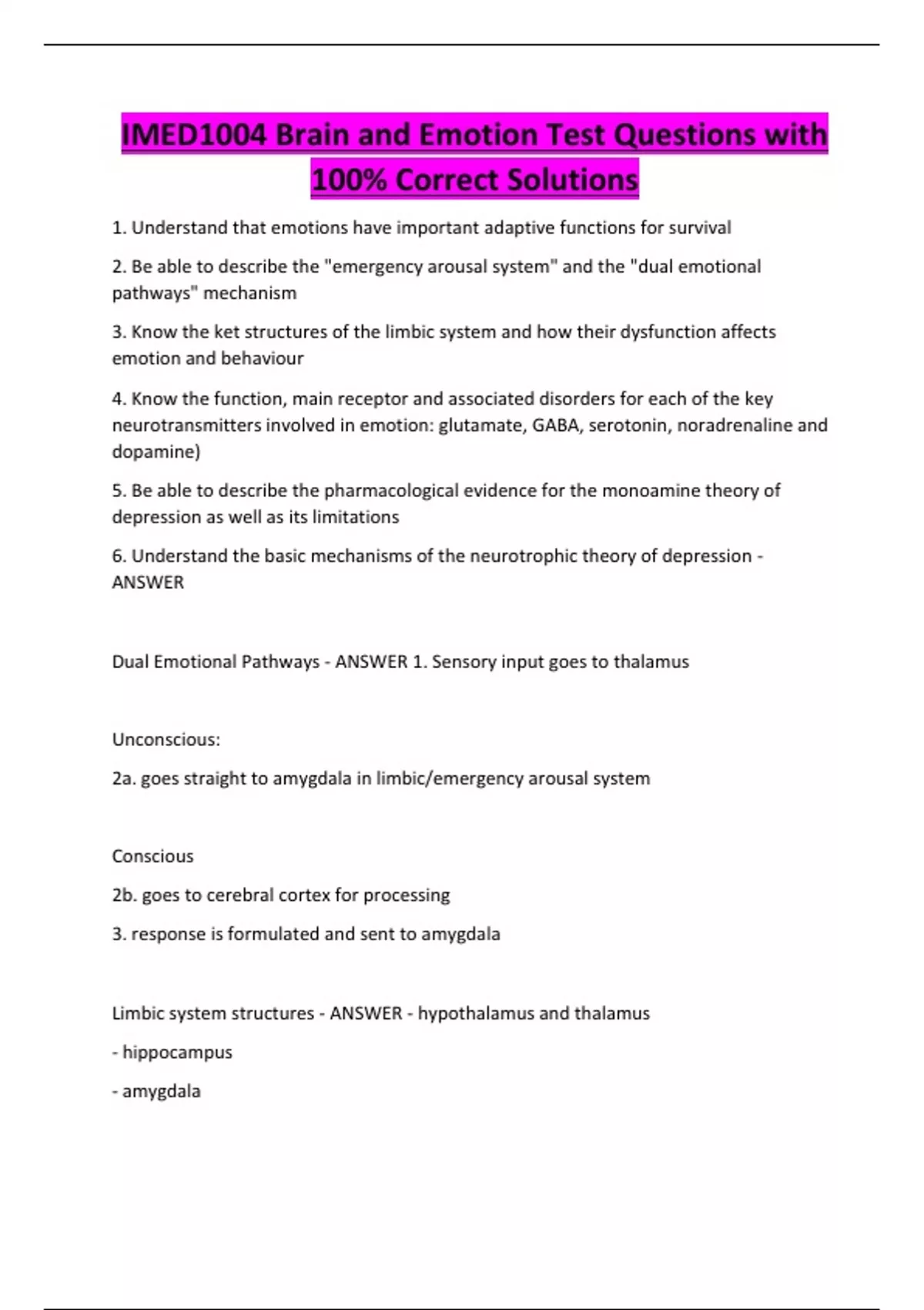 IMED1004 Brain and Emotion Test Questions with 100% Correct Solutions ...