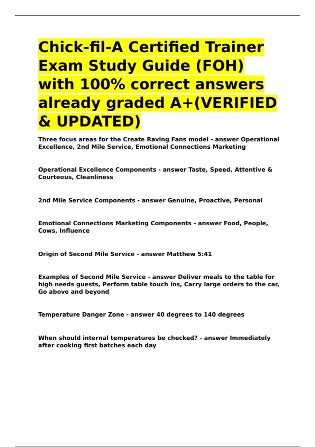 Chick-fil-A Certified Trainer Exam Study Guide (FOH) with 100- correct ...