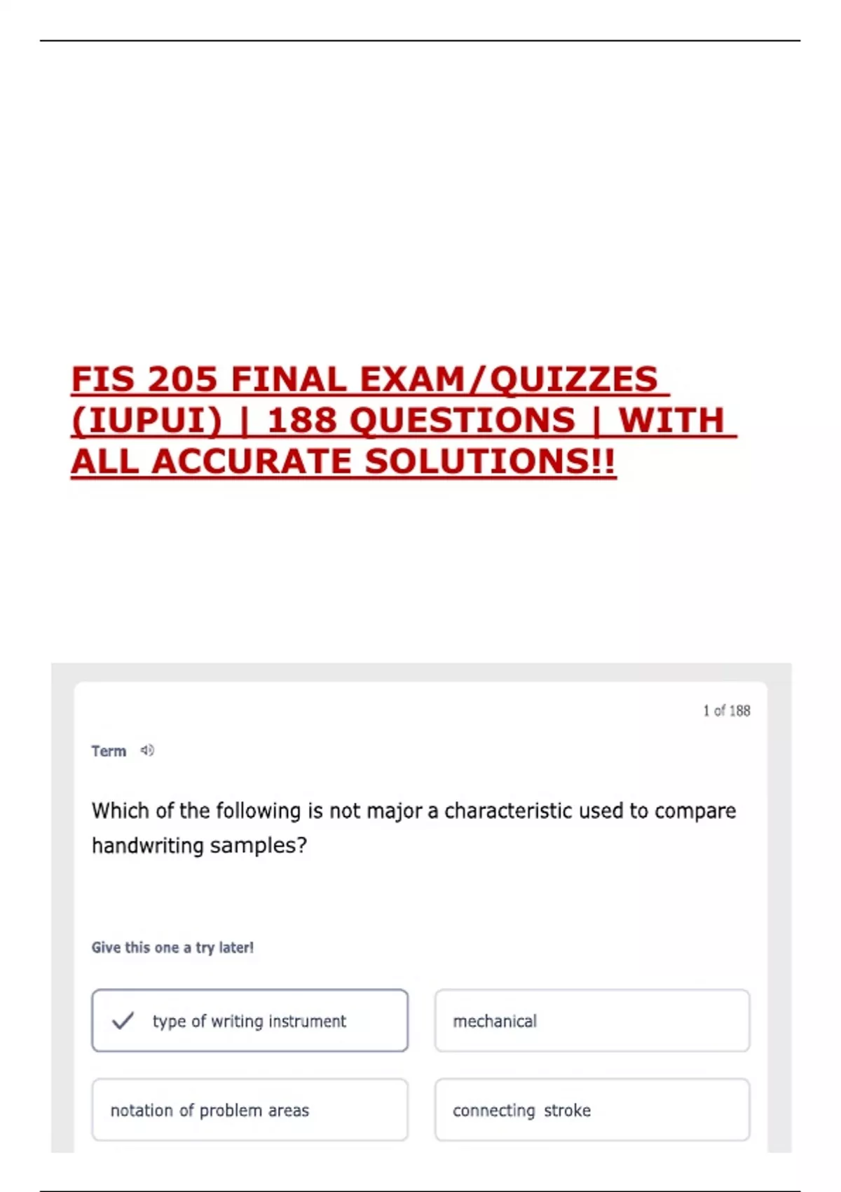 FIS 205 FINAL EXAM/QUIZZES (IUPUI) | 188 QUESTIONS | WITH ALL ACCURATE ...
