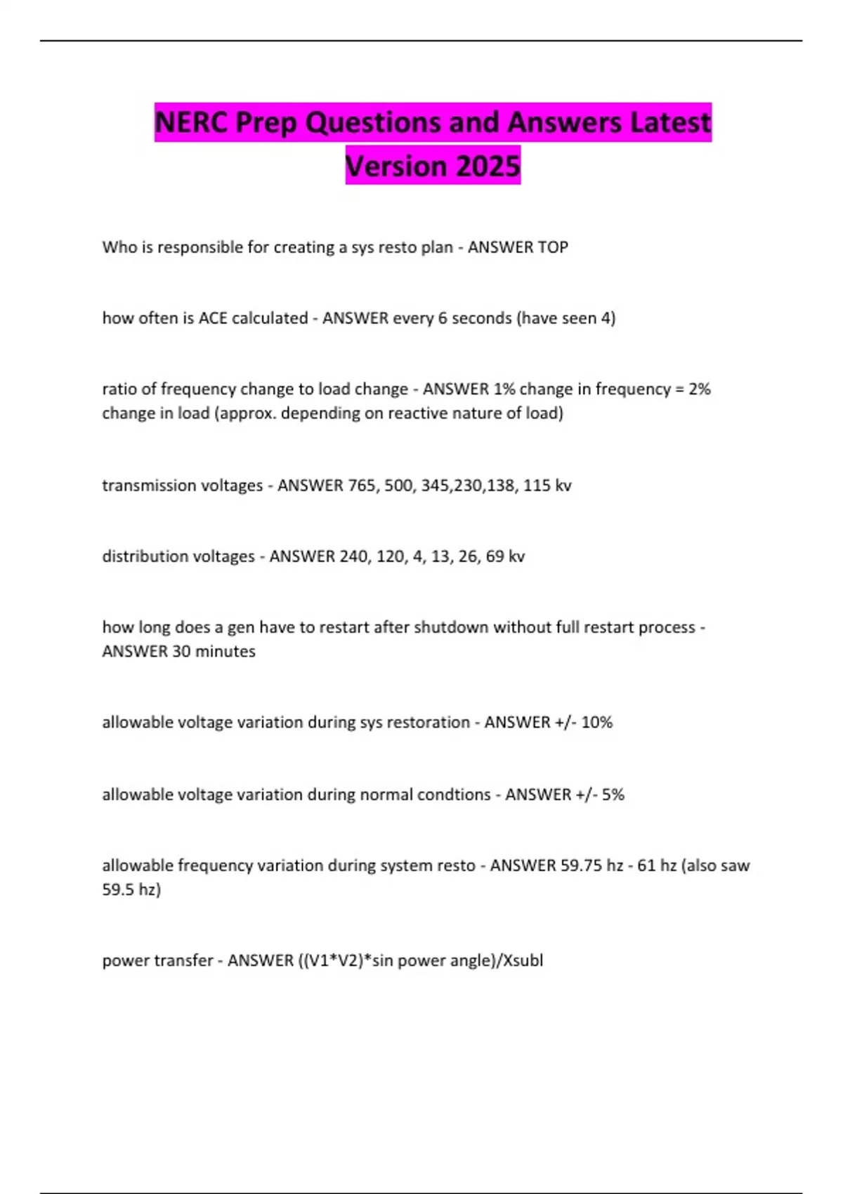 NERC Prep Questions and Answers Latest Version 2025 - NERC - Stuvia US