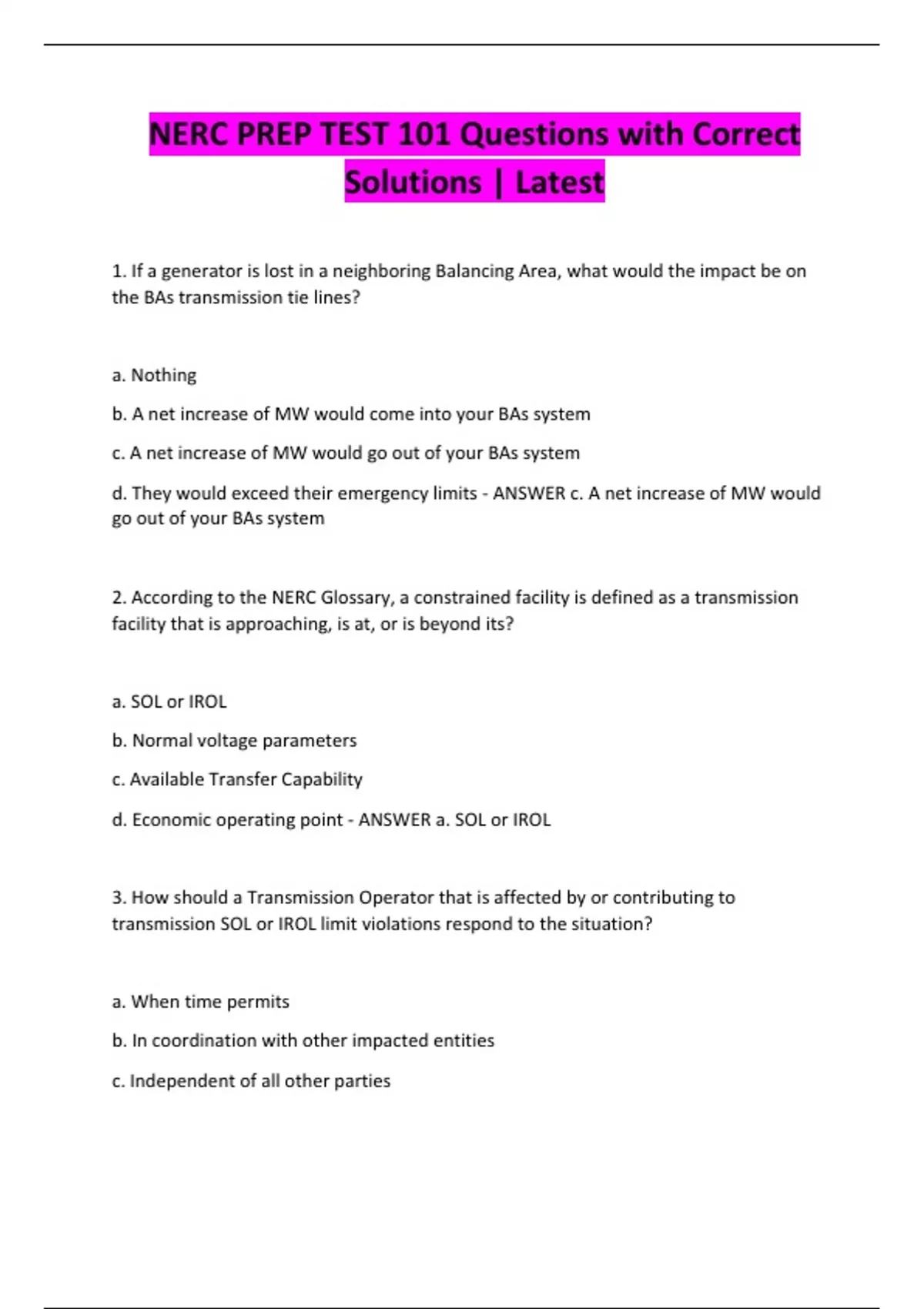 NERC PREP TEST 101 Questions with Correct Solutions | Latest - NERC ...