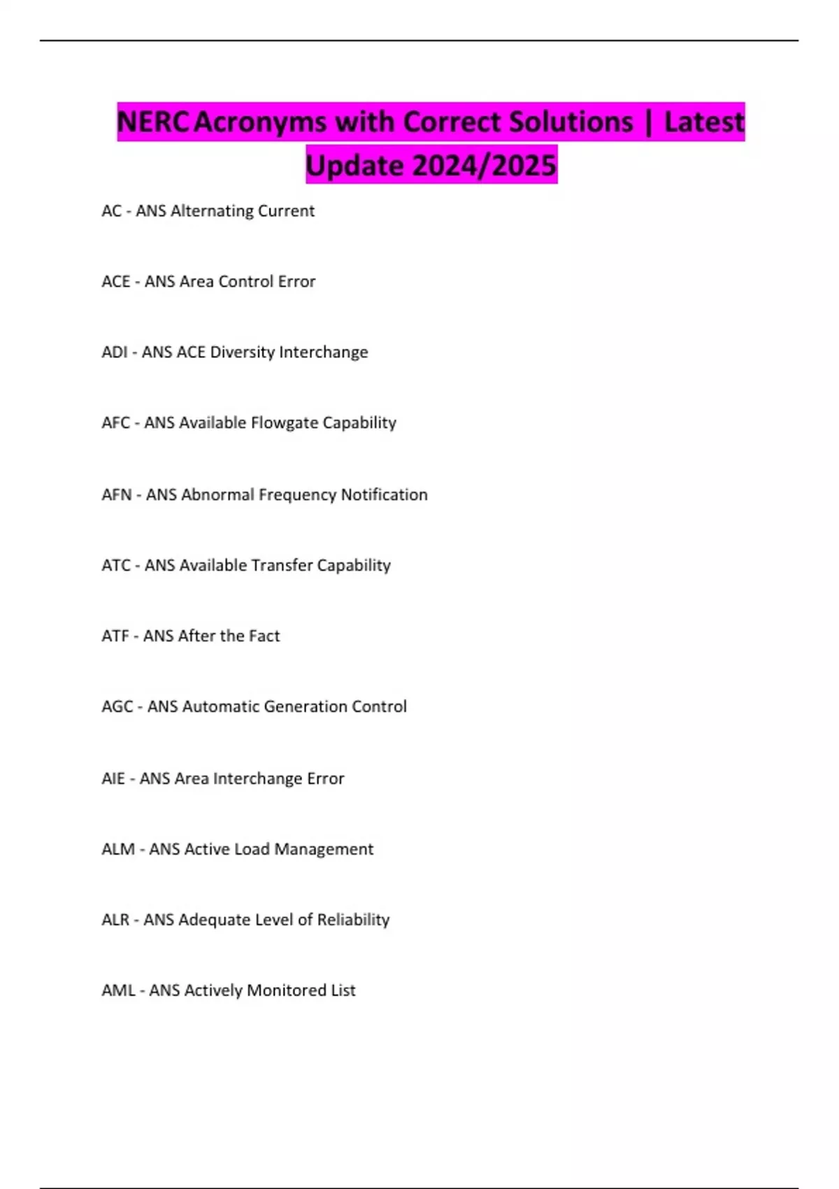 NERC Acronyms with Correct Solutions | Latest Update 2024/2025 - NERC ...