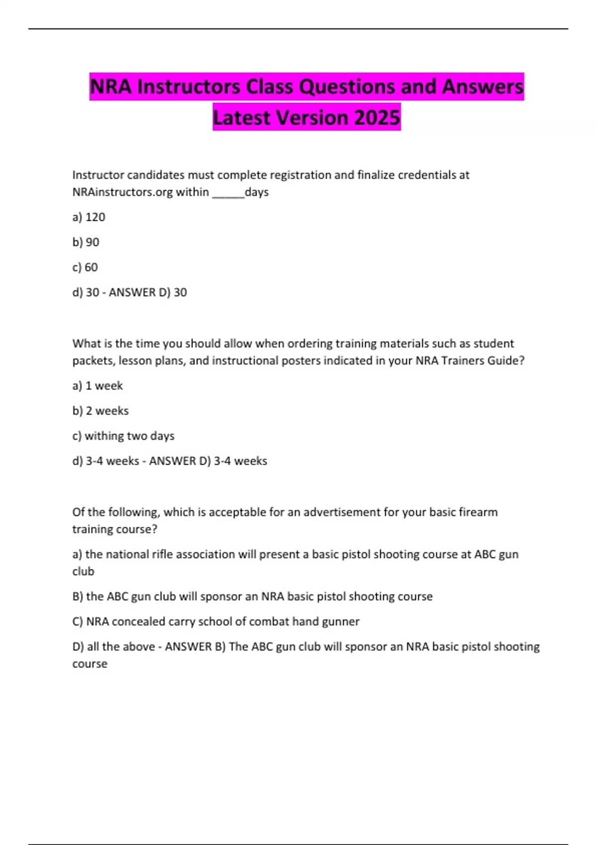 NRA Instructors Class Questions and Answers Latest Version 2025 - NRA ...