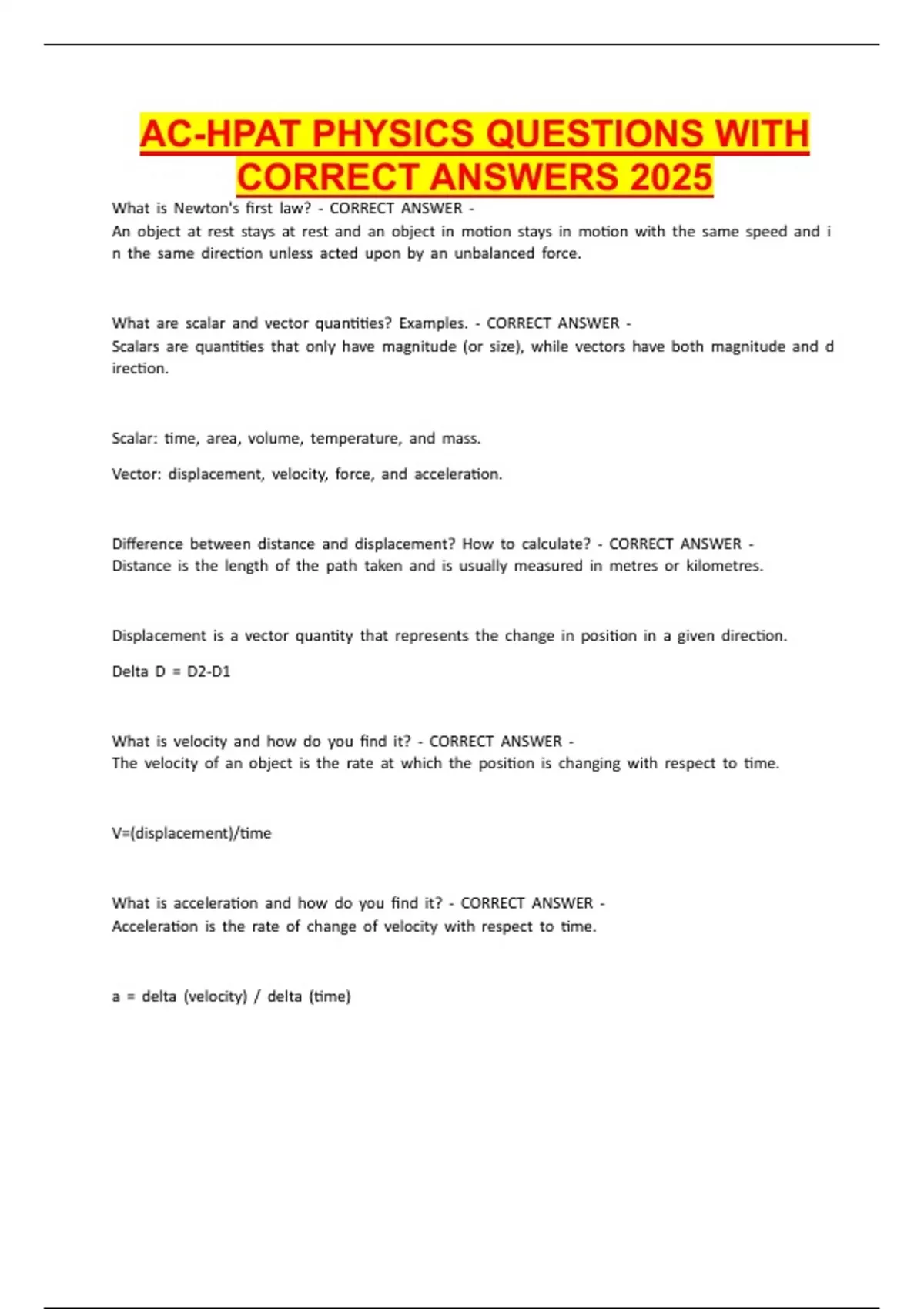 AC-HPAT PHYSICS QUESTIONS WITH CORRECT ANSWERS 2025 - AC-HPAT - Stuvia US