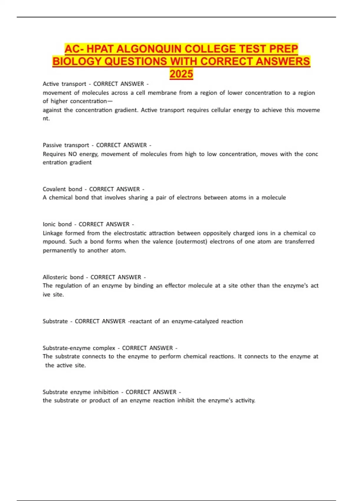 AC- HPAT ALGONQUIN COLLEGE TEST PREP BIOLOGY QUESTIONS WITH CORRECT ...