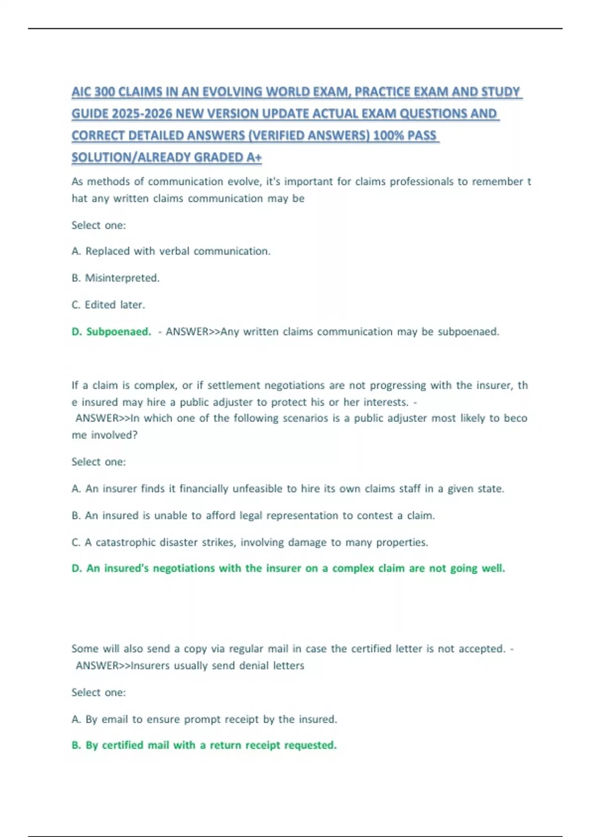 AIC 300 CLAIMS IN AN EVOLVING WORLD EXAM, PRACTICE EXAM AND STUDY GUIDE ...