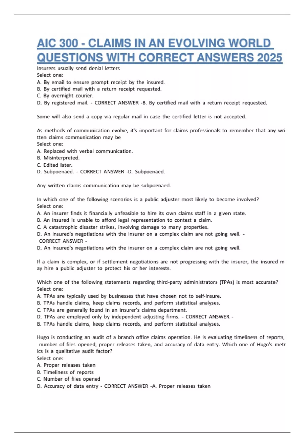 AIC 300 CLAIMS IN AN EVOLVING WORLD QUESTIONS WITH CORRECT ANSWERS 2025 ...