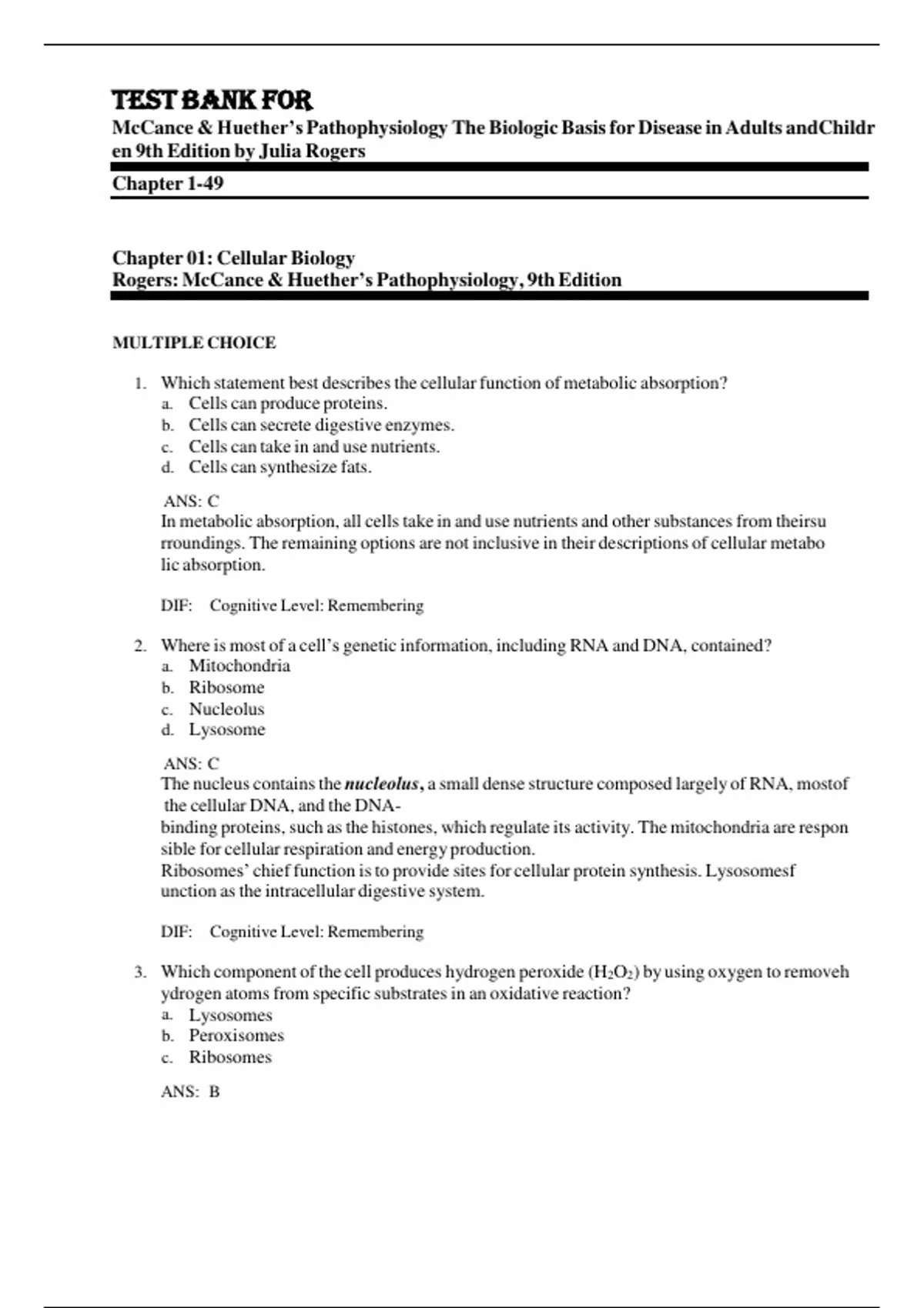 TEST BANK FOR: MCCANCE: PATHOPHYSIOLOGY THE BIOLOGIC BASIS FOR DISEASE ...