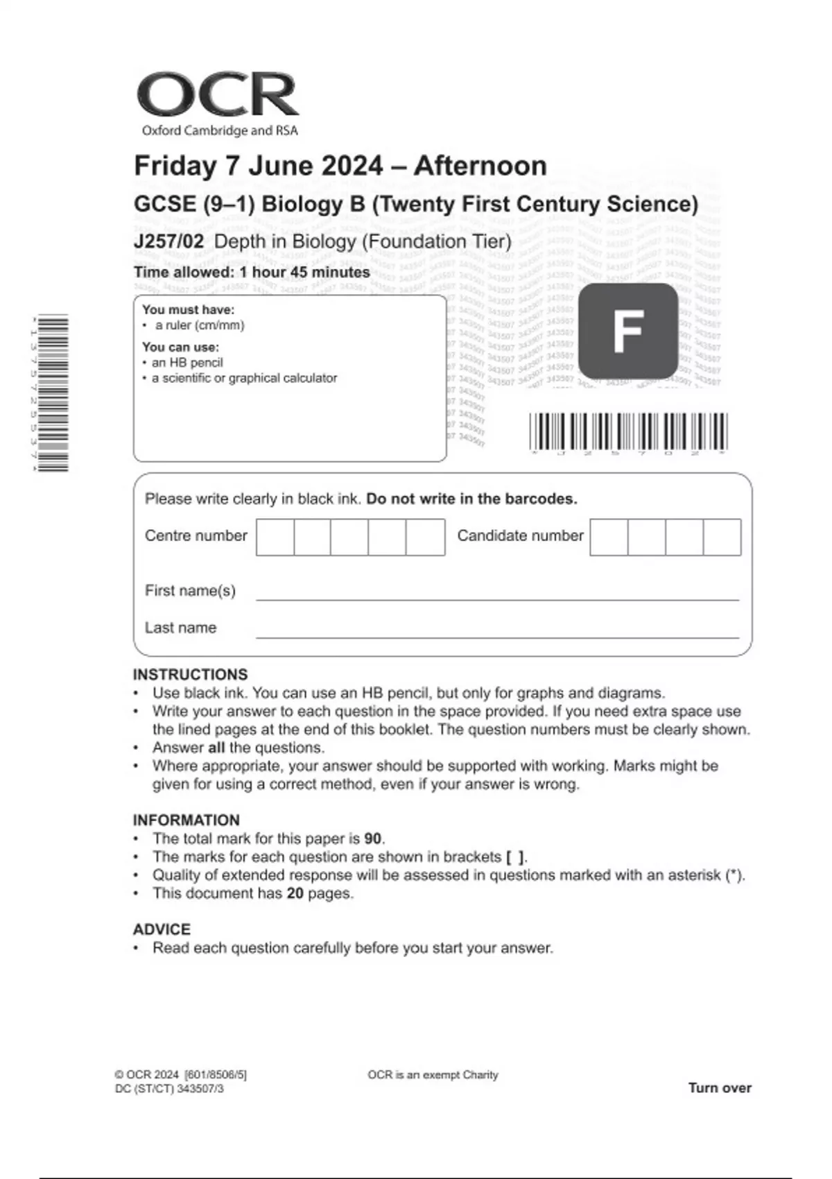 OCR GCSE Biology B (Twenty First Century Science) PAPER 1 and 2 JUNE ...