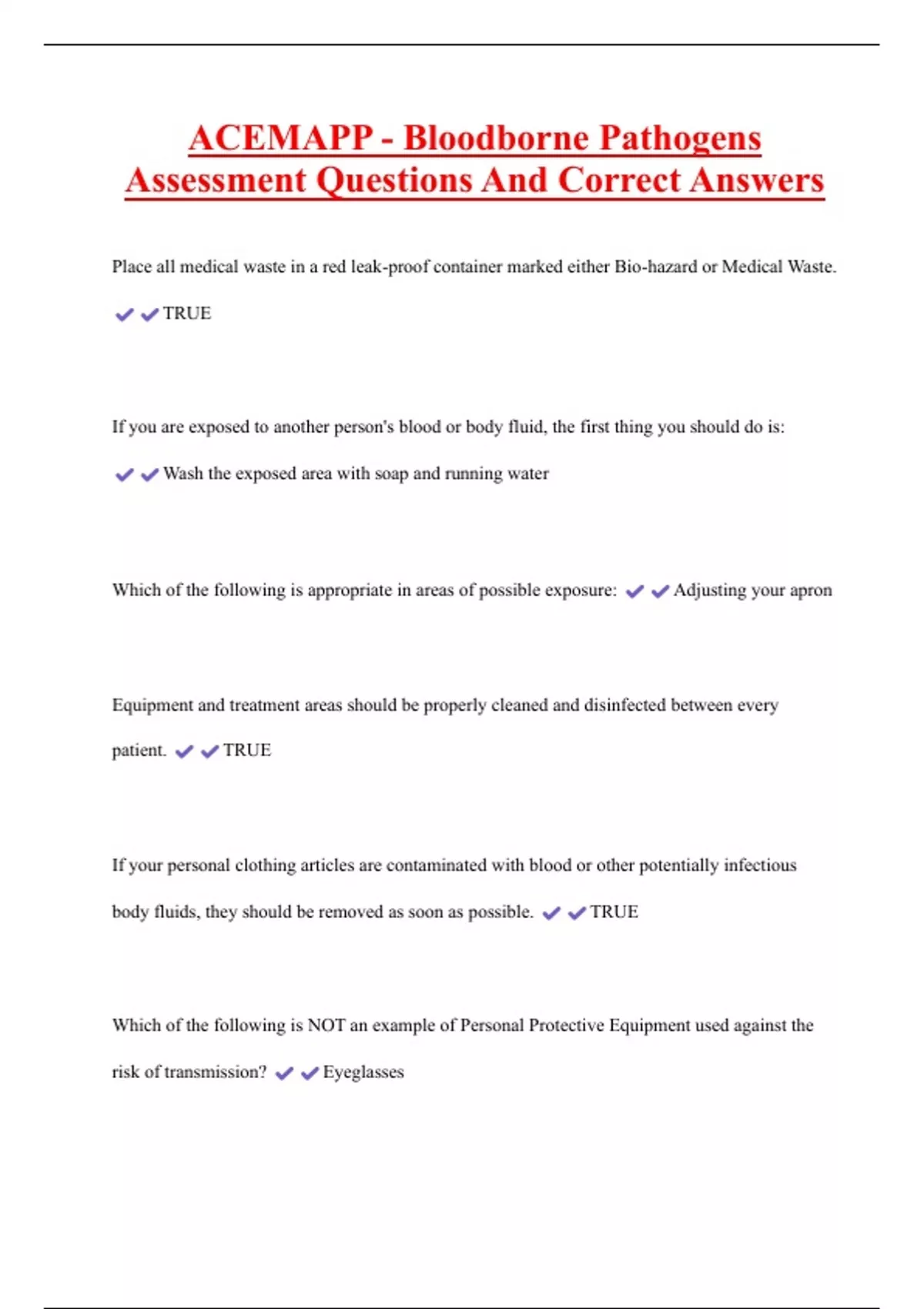 ACEMAPP - Bloodborne Pathogens Assessment Questions And Correct Answers ...
