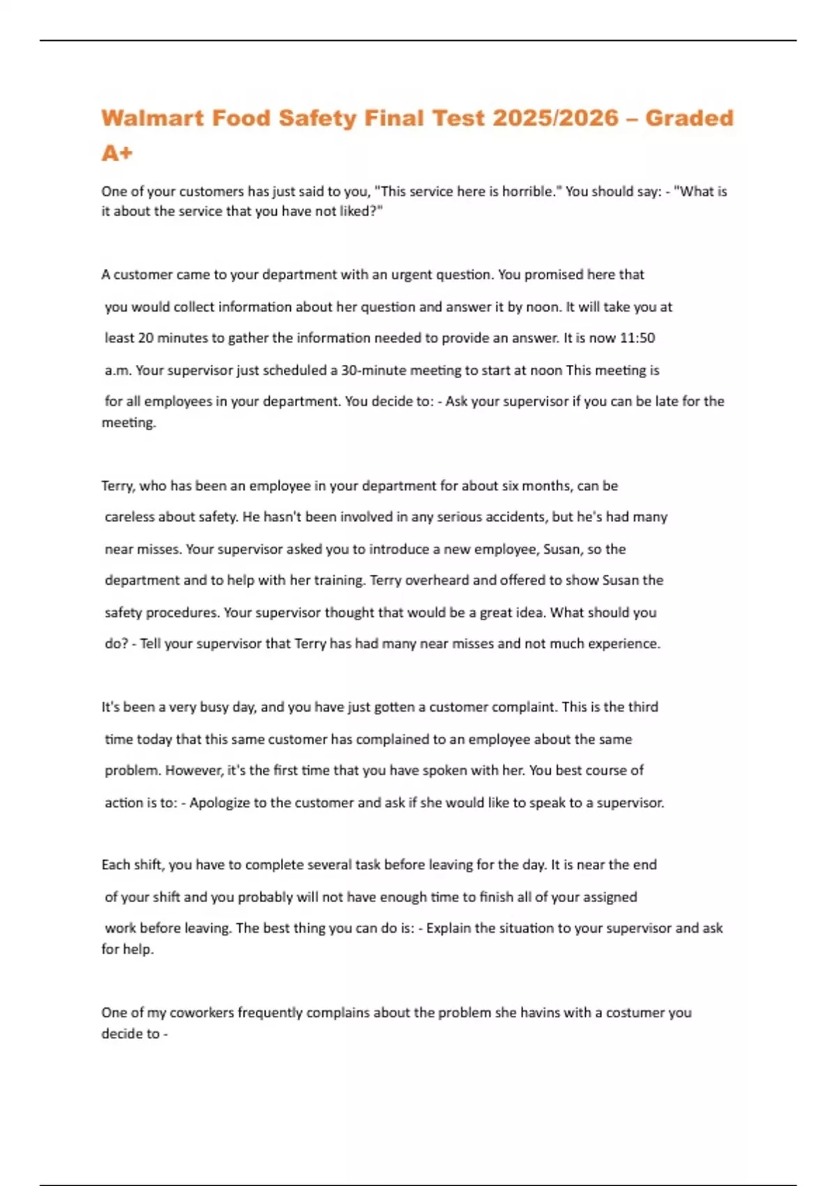 Walmart Food Safety Final Test 2025/2026 – Graded A+ - Walmart Food ...