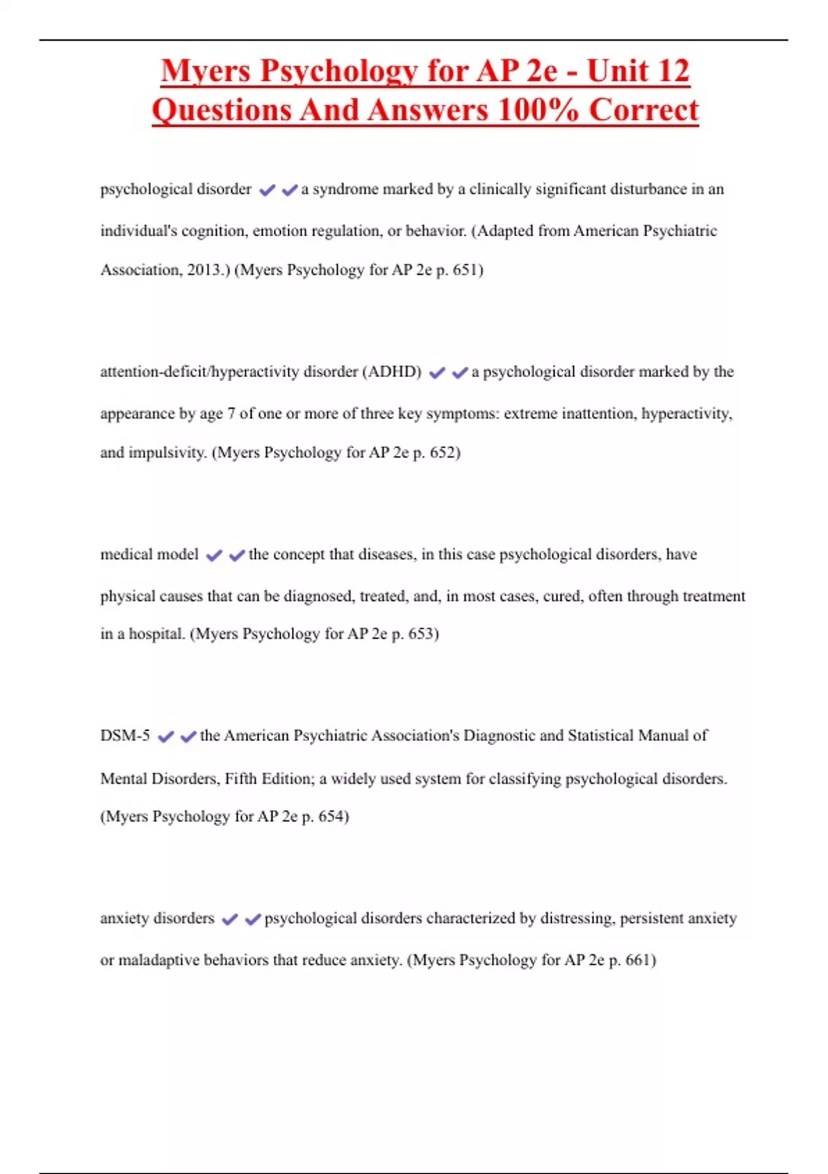 Myers Psychology for AP 2e - Unit 12 Questions And Answers 100% Correct ...