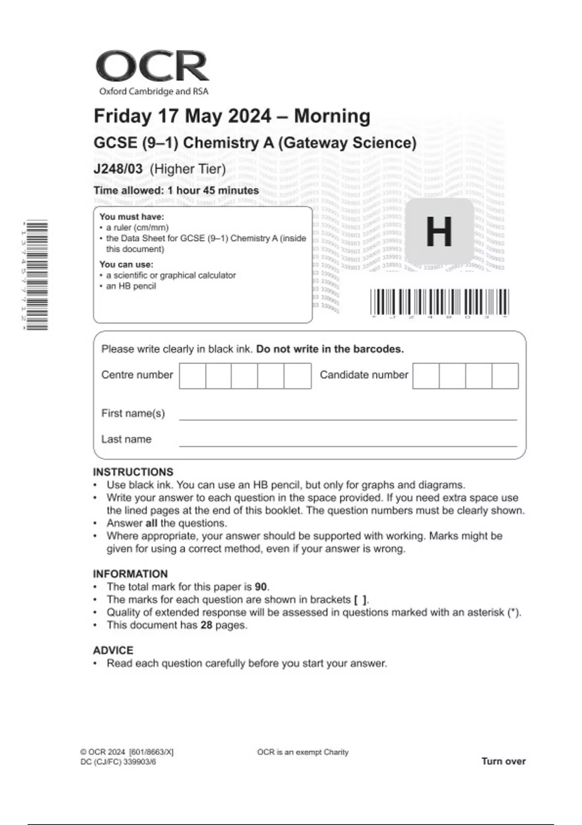 OCR GCSE Chemistry A (Gateway Science) PAPER 3 and 4 (Higher Tier)JUNE ...