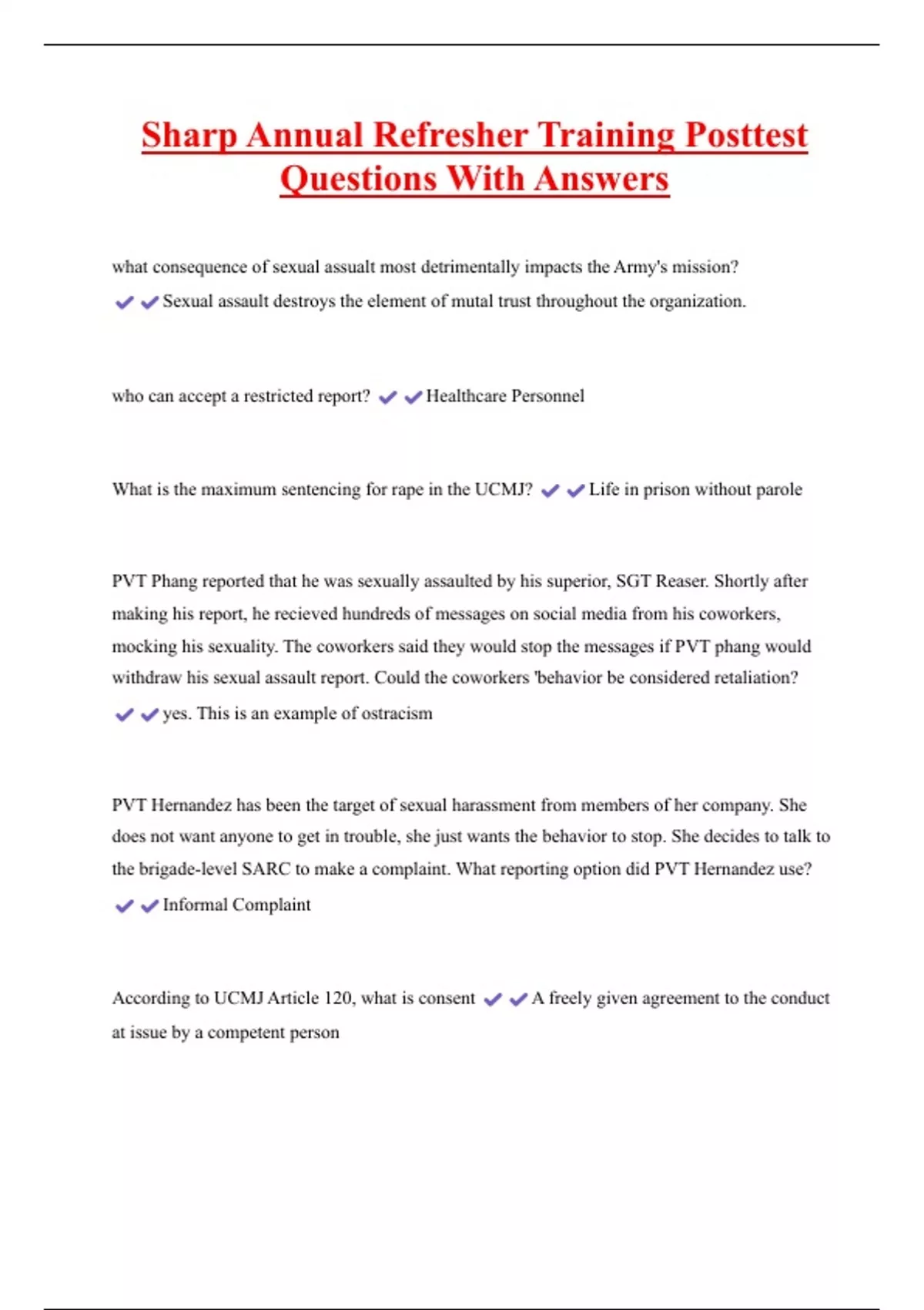 Sharp Annual Refresher Training Posttest Questions With Answers - ARMY ...