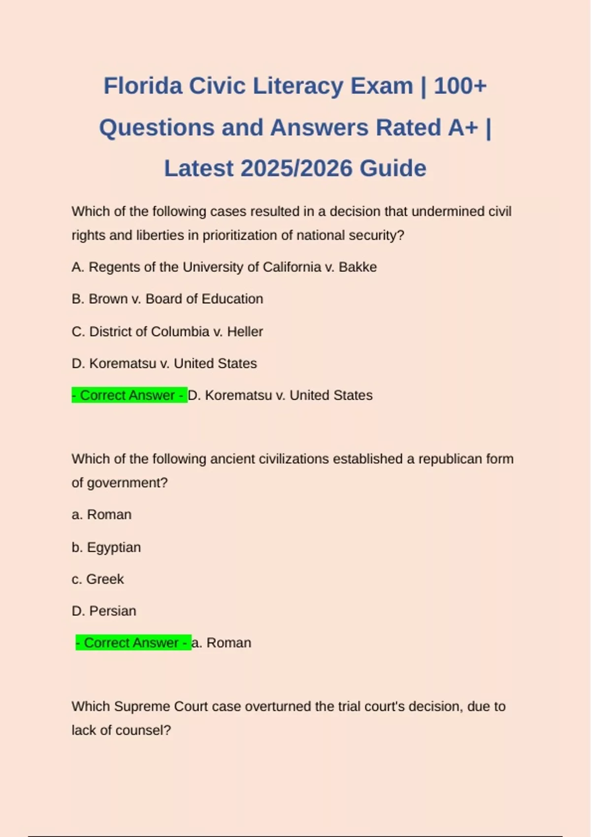 Florida Civic Literacy Exam | 100+ Questions and Answers Rated A+ ...