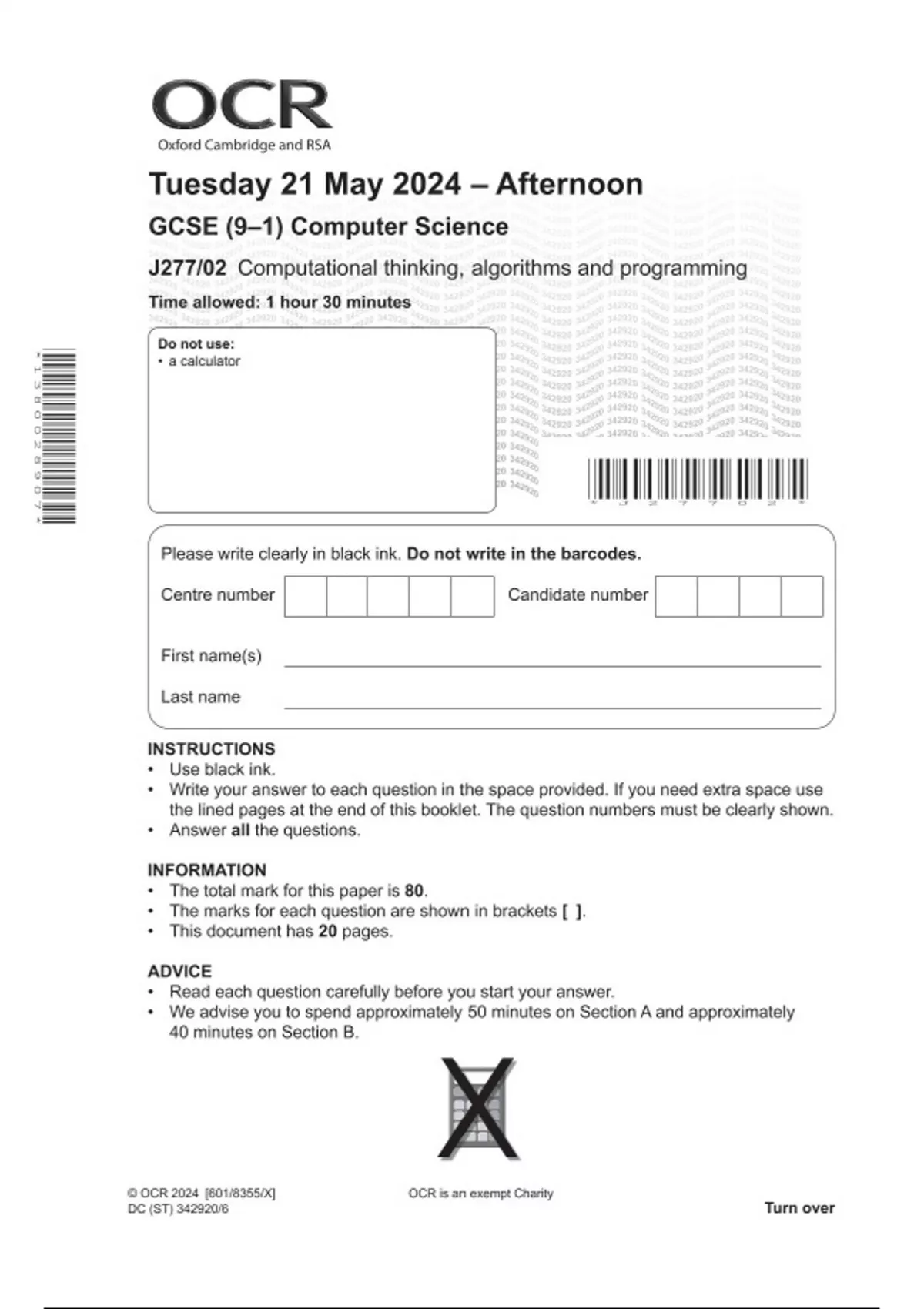 OCR GCSE Computer Science J277/02 JUNE 2024 QUESTION PAPER ...