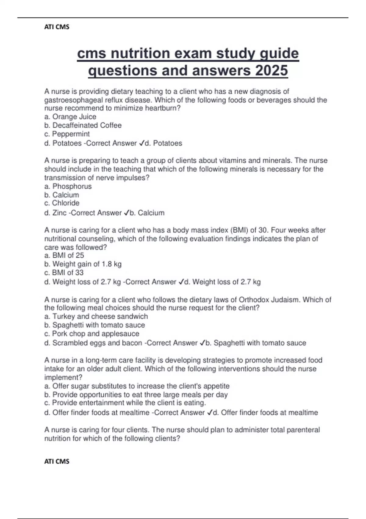 cms nutrition exam study guide questions and answers 2025 - Cms ...