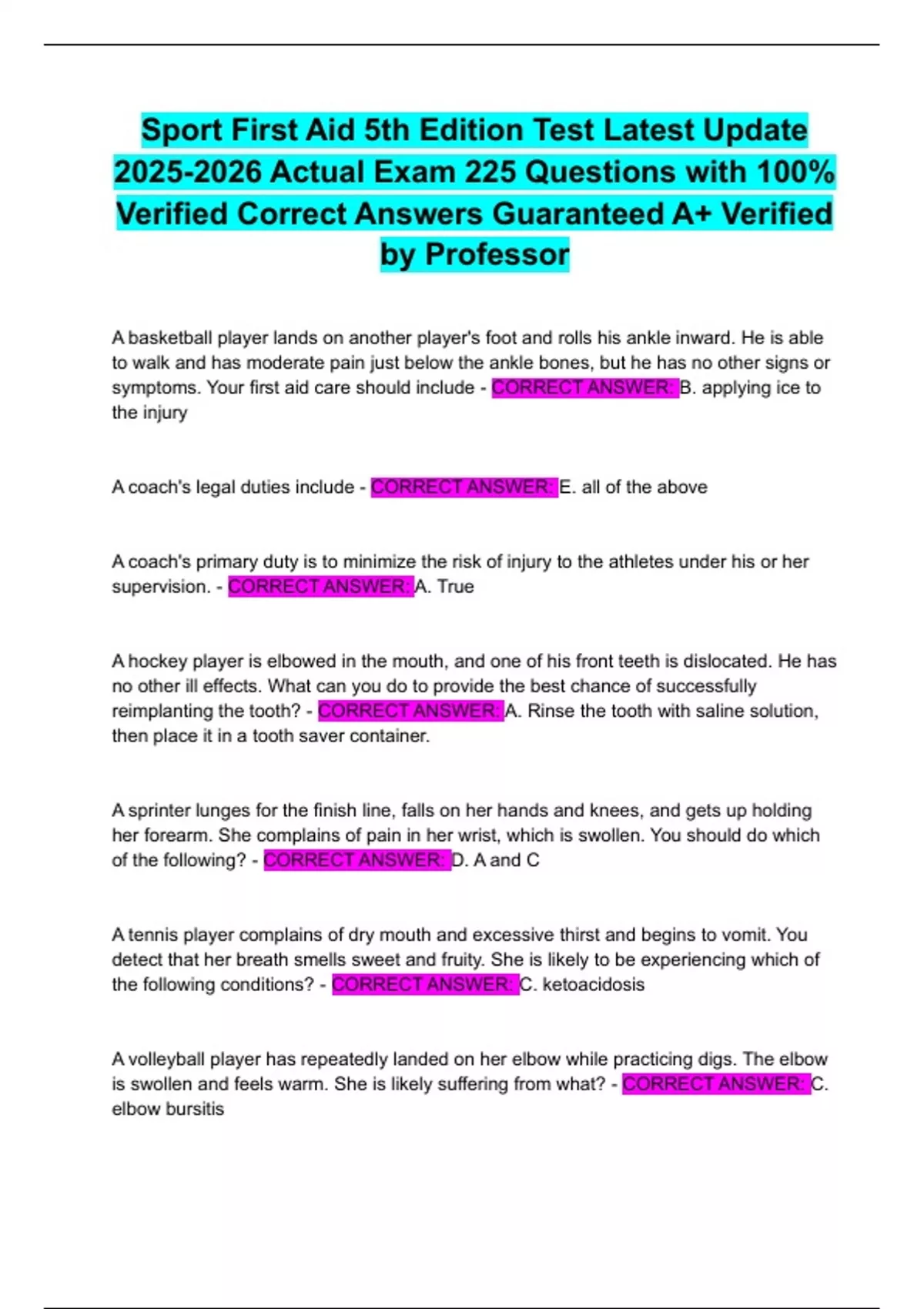 Sport First Aid 5th Edition Test Latest Update Actual Exam 225 ...