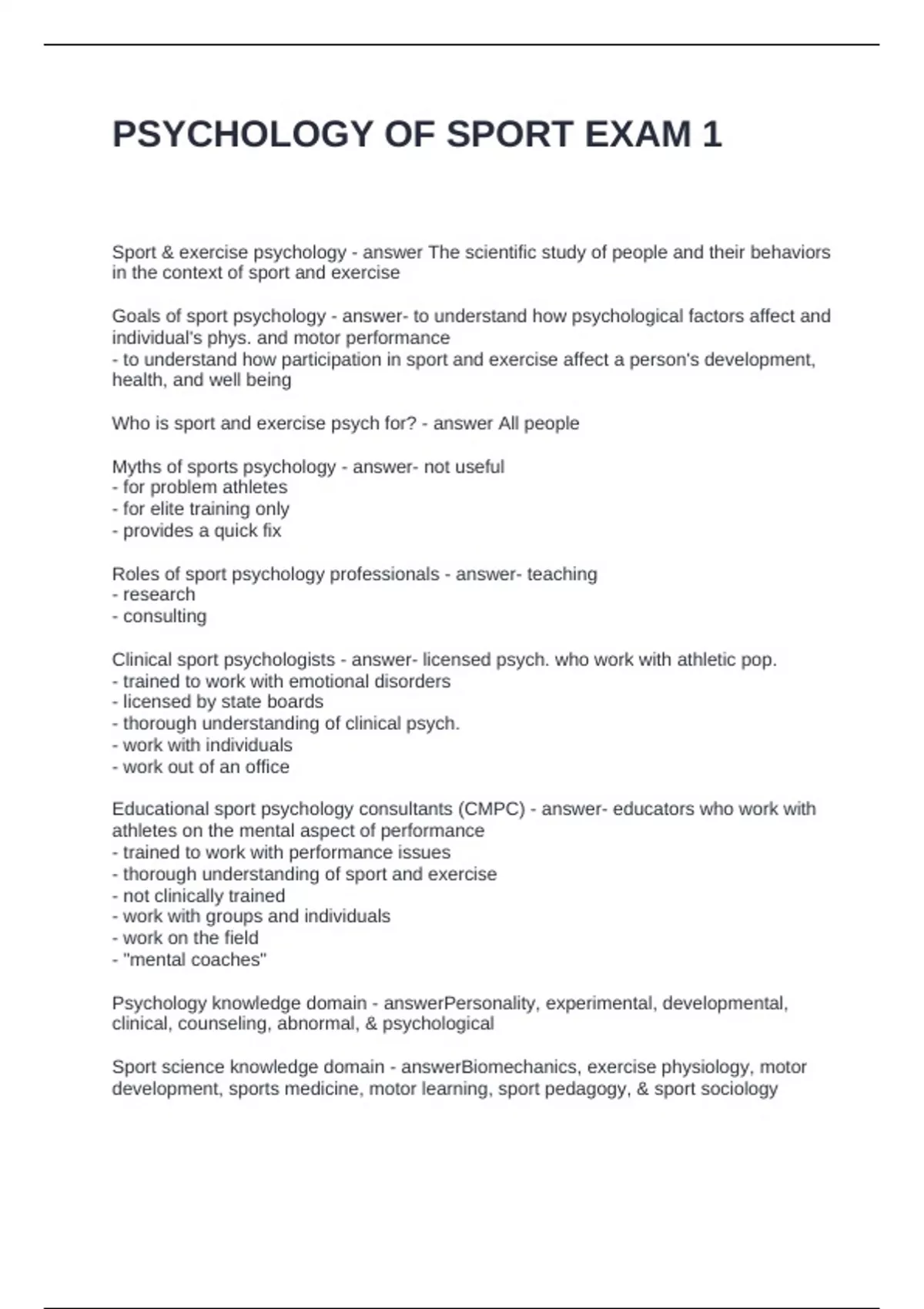 PSYCHOLOGY OF SPORT EXAM 1 QUESTIONS WITH CORRECT - CMPC - Stuvia US