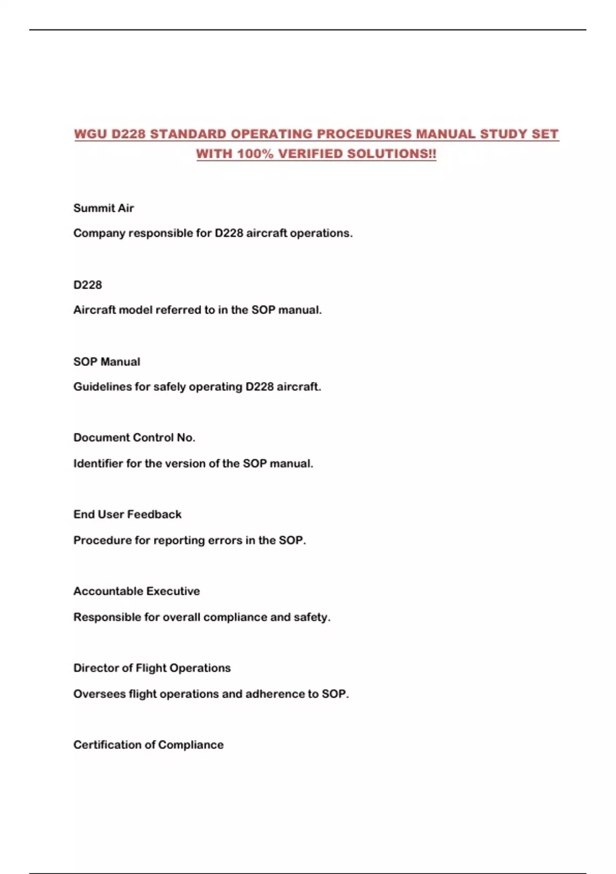 WGU D228 STANDARD OPERATING PROCEDURES MANUAL STUDY SET WITH 100% ...