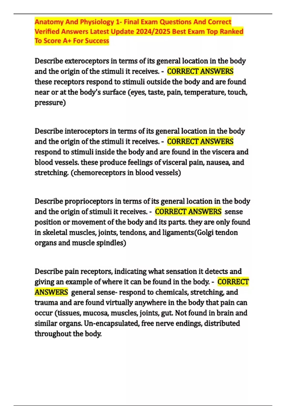 Anatomy and Physiology 1 Final exam questions and correct verified ...