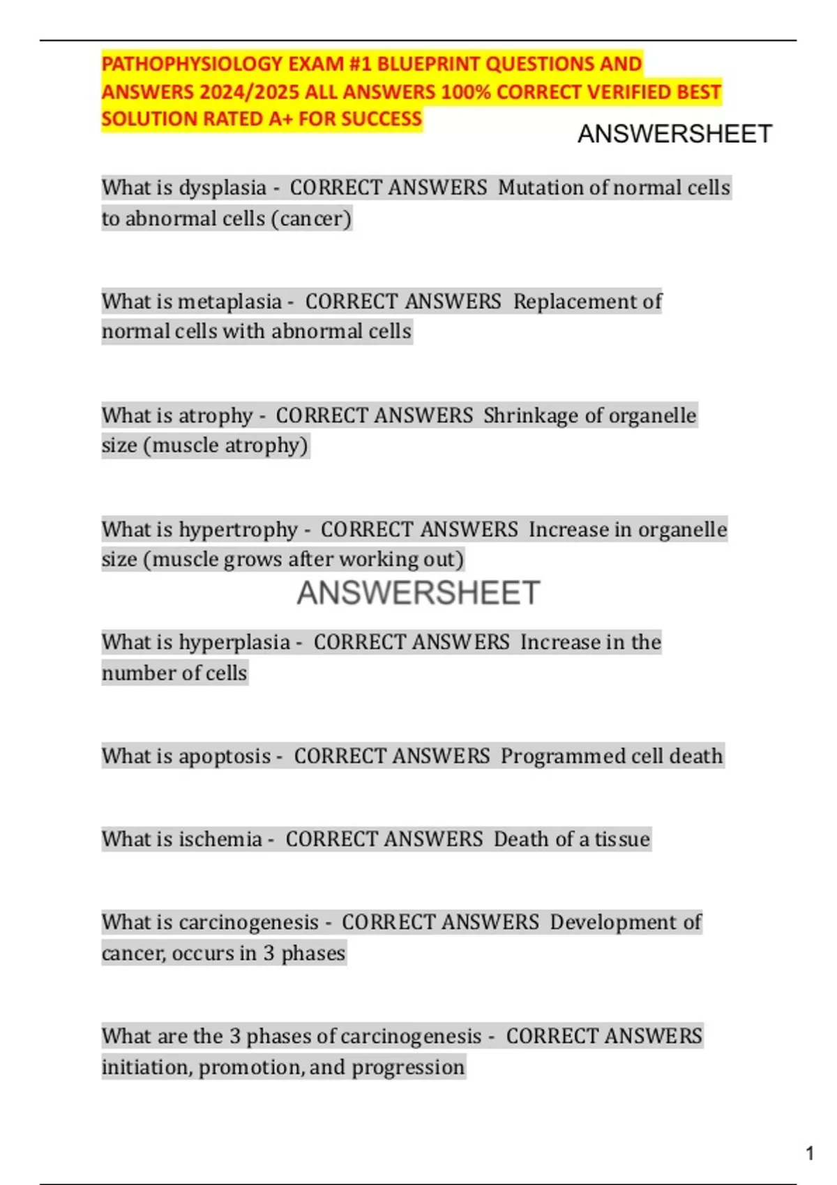 PATHOPHYSIOLOGY EXAM #1 BLUEPRINT QUESTIONS AND ANSWERS ALL ANSWERS 100 ...