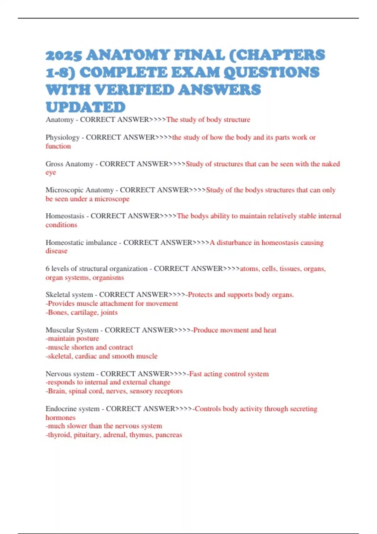 2025 ANATOMY FINAL (CHAPTERS 1-8) COMPLETE EXAM QUESTIONS WITH VERIFIED ...