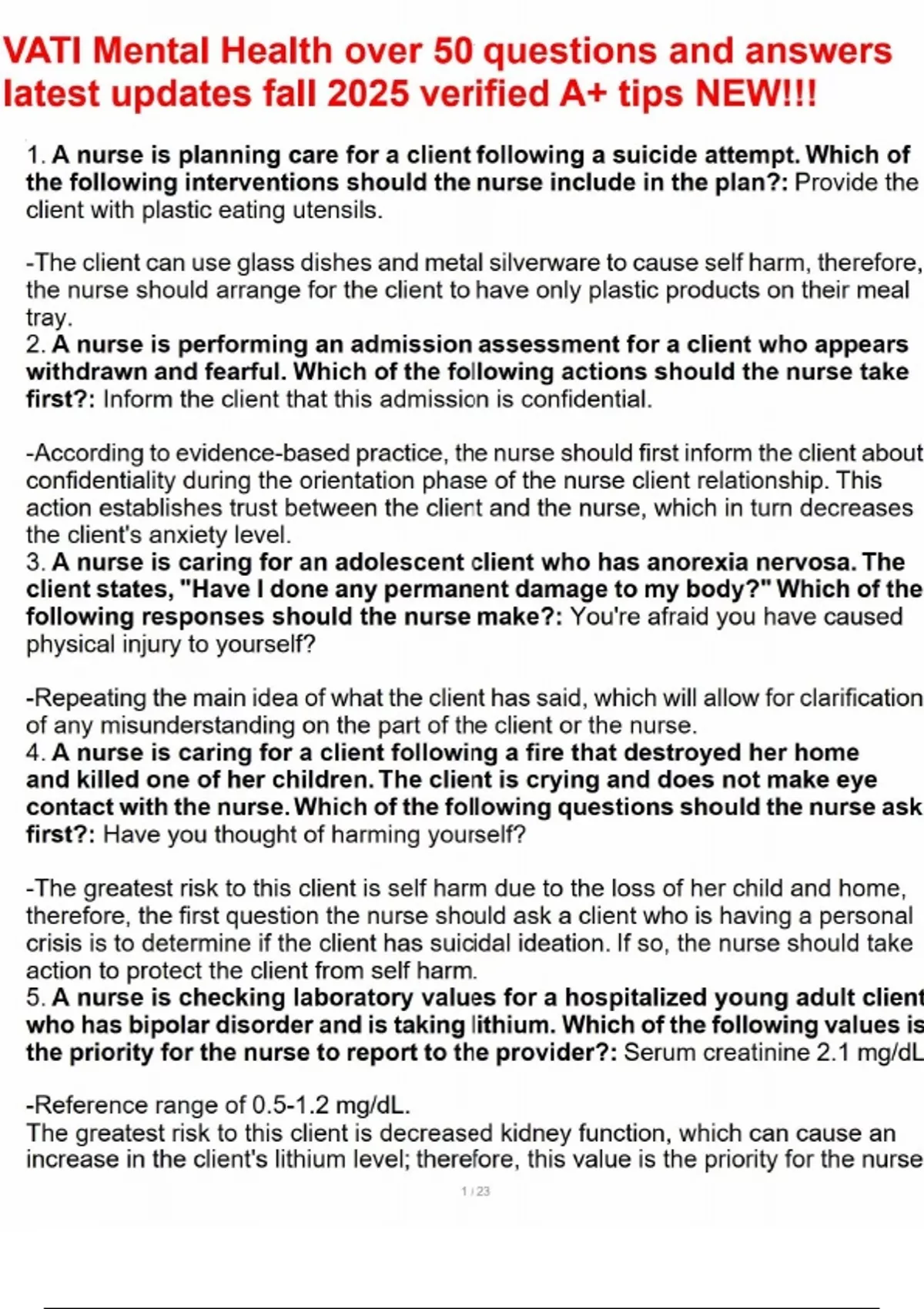 VATI Mental Health over 50 questions and answers latest updates fall ...