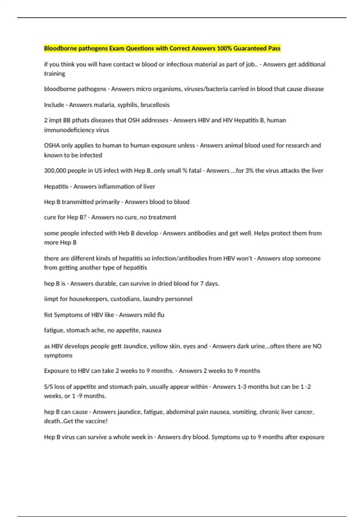 Bloodborne pathogens Exam Questions with Correct Answers 100% ...