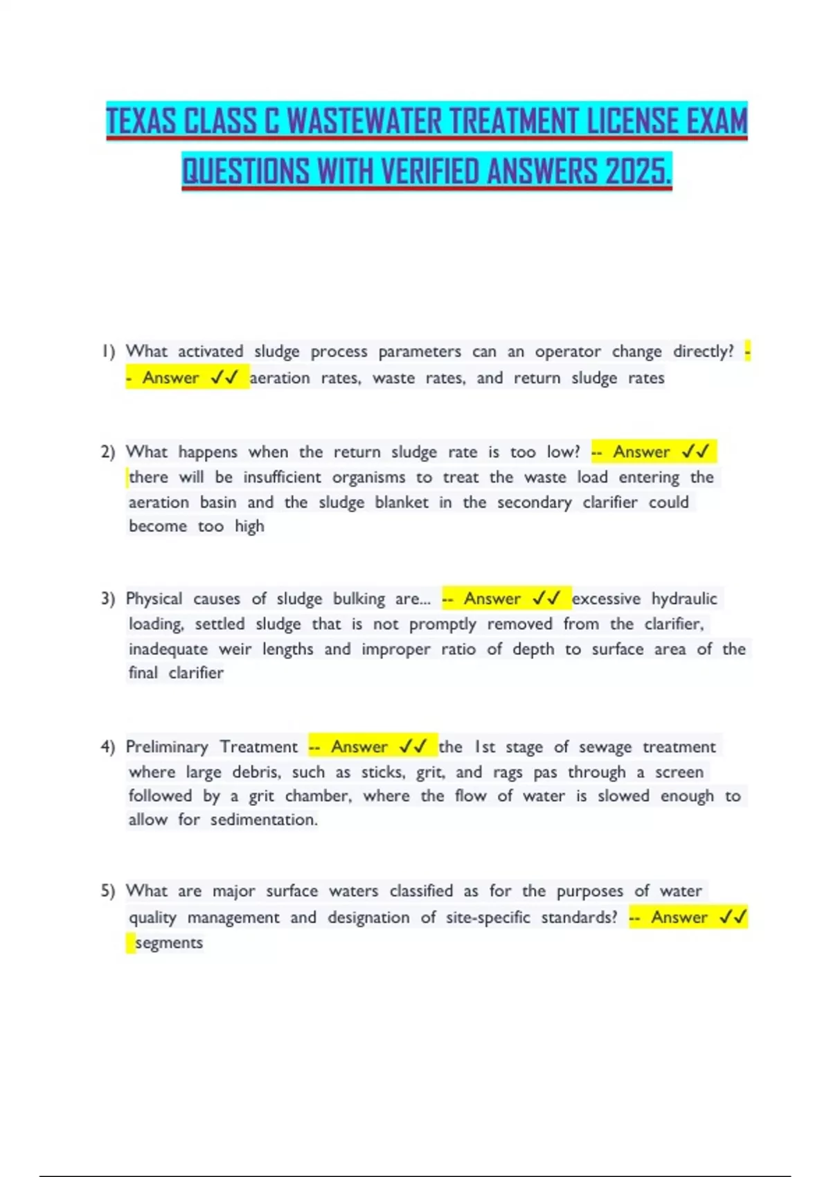 TEXAS CLASS C WASTEWATER TREATMENT LICENSE EXAM QUESTIONS WITH VERIFIED ...