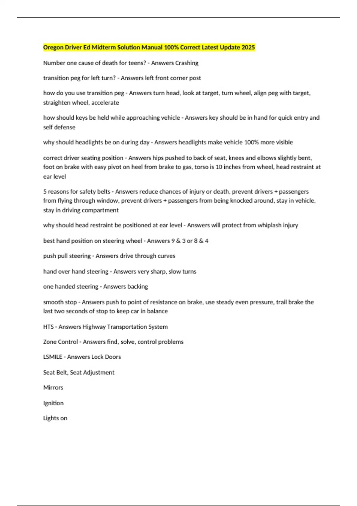 Oregon Driver Ed Midterm Solution Manual 100% Correct Latest Update ...