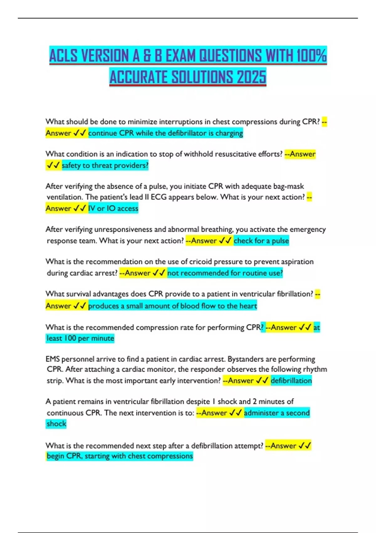 ACLS VERSION A & B EXAM QUESTIONS WITH 100% ACCURATE SOLUTIONS 2025 ...