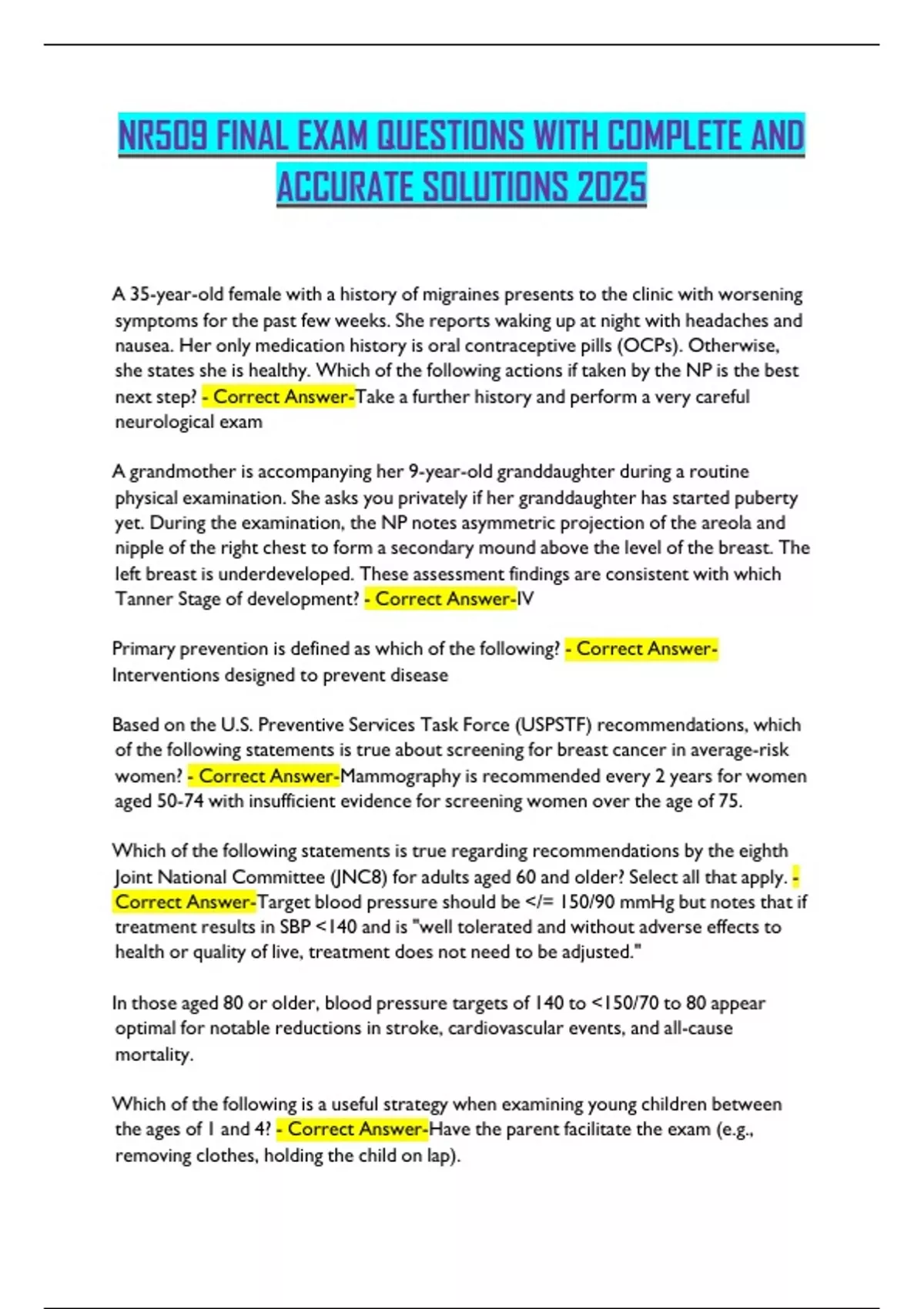 NR509 FINAL EXAM QUESTIONS WITH COMPLETE AND ACCURATE SOLUTIONS 2025. - NR509 - Stuvia US