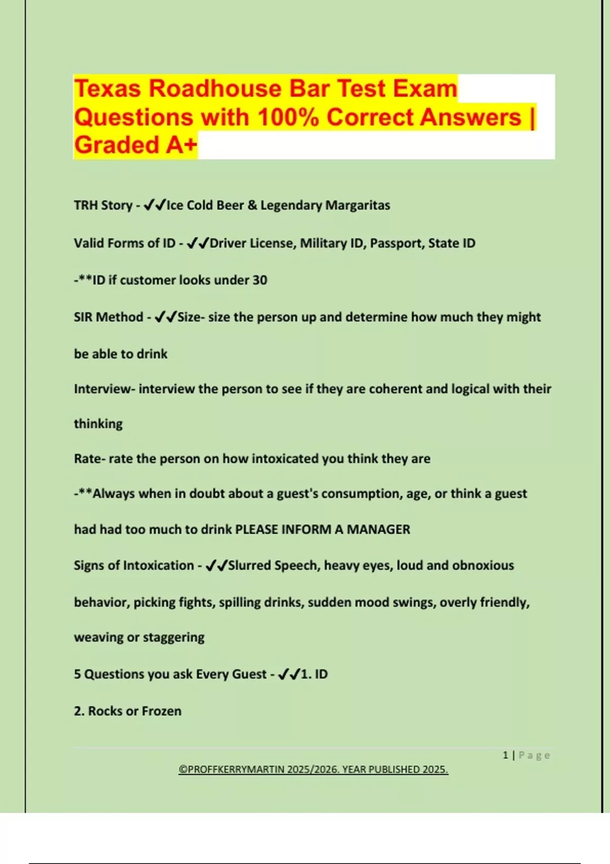 Texas Roadhouse Bar Test Exam Questions with 100% Correct Answers ...