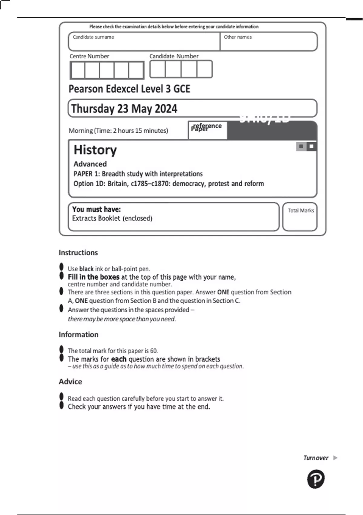 2024 Pearson Edexcel In GCE History (9HI0/1D) Advanced Paper 1: Breadth study with ...