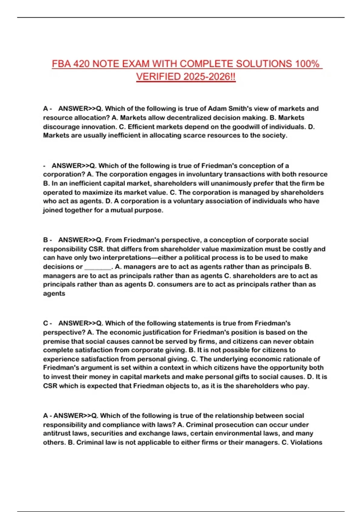FBA 420 NOTE EXAM WITH COMPLETE SOLUTIONS 100% VERIFIED !! - FBA 420 ...