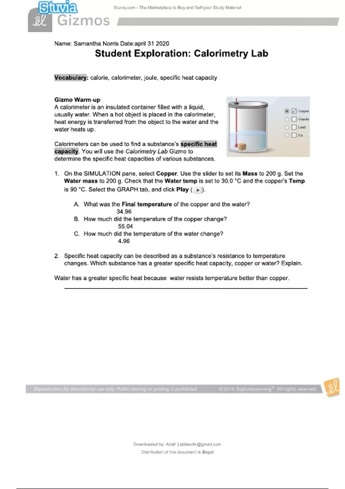 Student Exploration, Calorimetry Lab Vocabulary, calorie, calorimeter ...