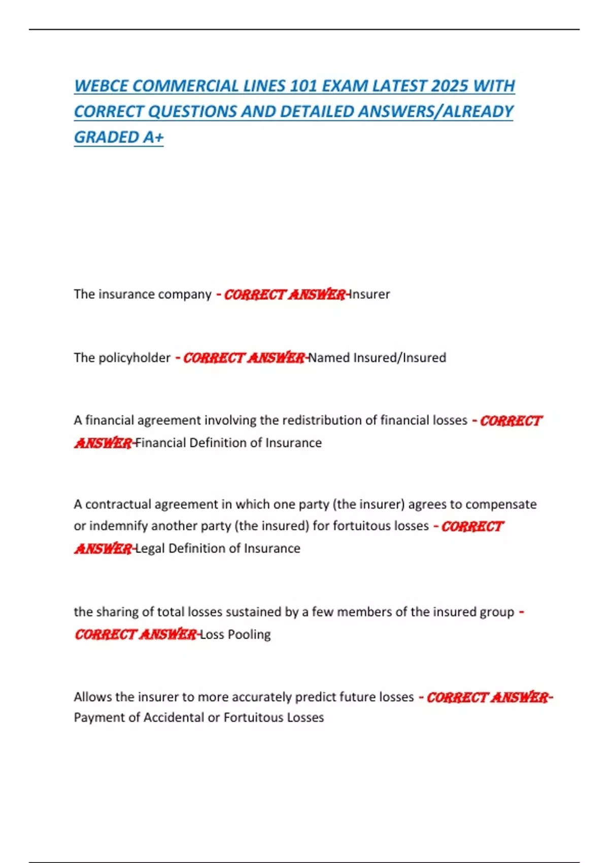 WEBCE COMMERCIAL LINES 101 EXAM LATEST 2025 WITH CORRECT QUESTIONS AND ...
