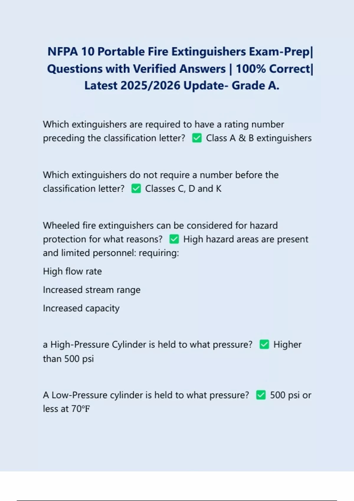 NFPA 10 Portable Fire Extinguishers Exam-Prep| Questions with Verified Answers | 100% Correct ...