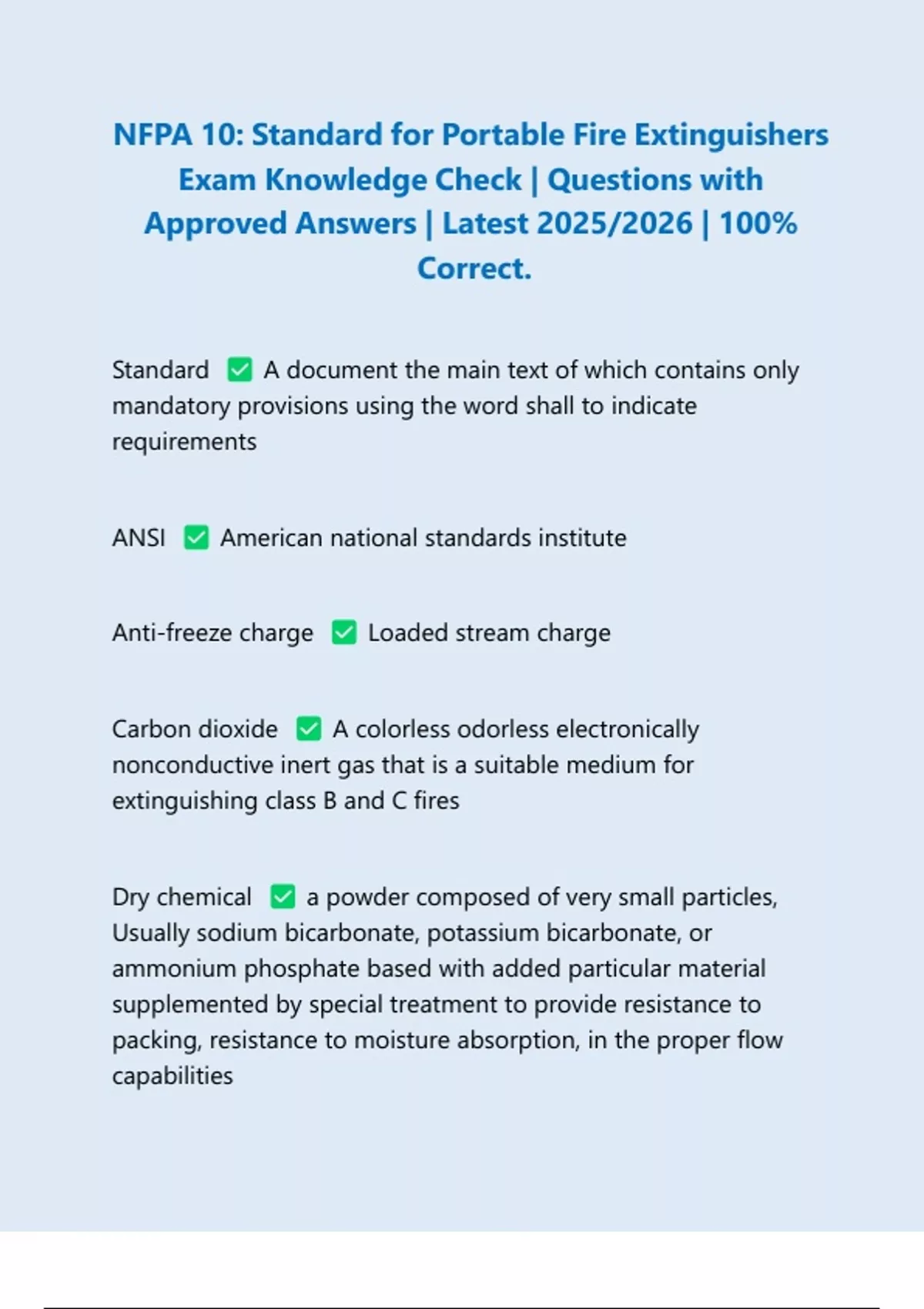 NFPA 10: Standard for Portable Fire Extinguishers Exam Knowledge Check | Questions with Approved ...