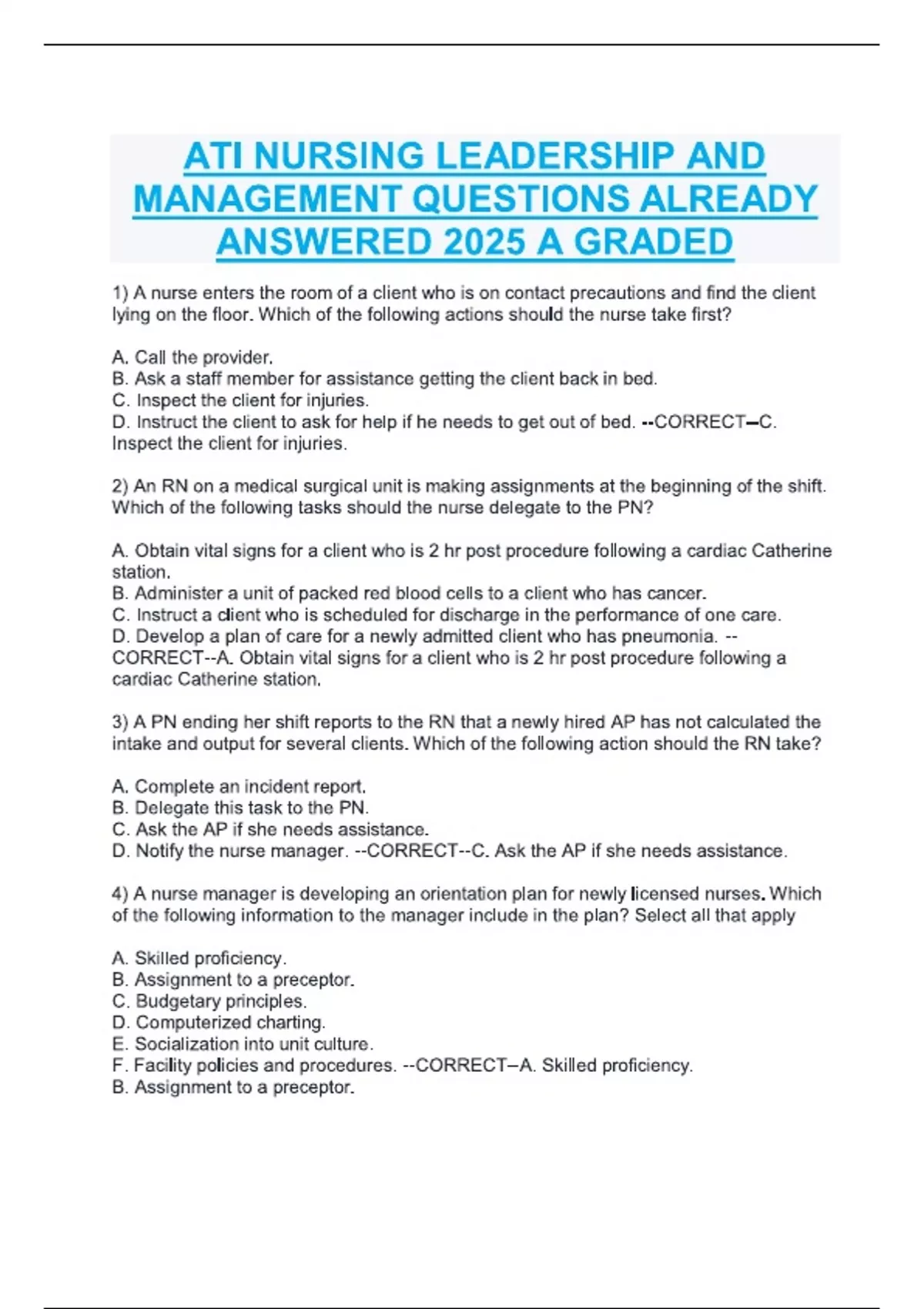 ATI NURSING LEADERSHIP AND MANAGEMENT QUESTIONS ALREADY ANSWERED 2025 A ...