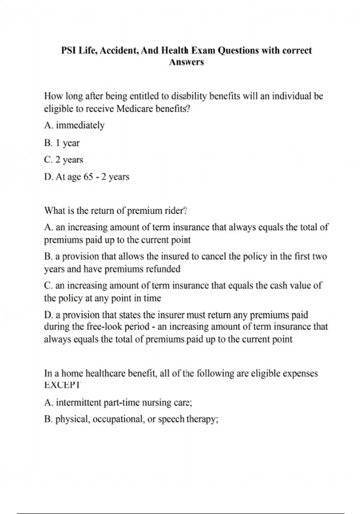 PSI Life, Accident, And Health Exam Questions with correct Answers ...